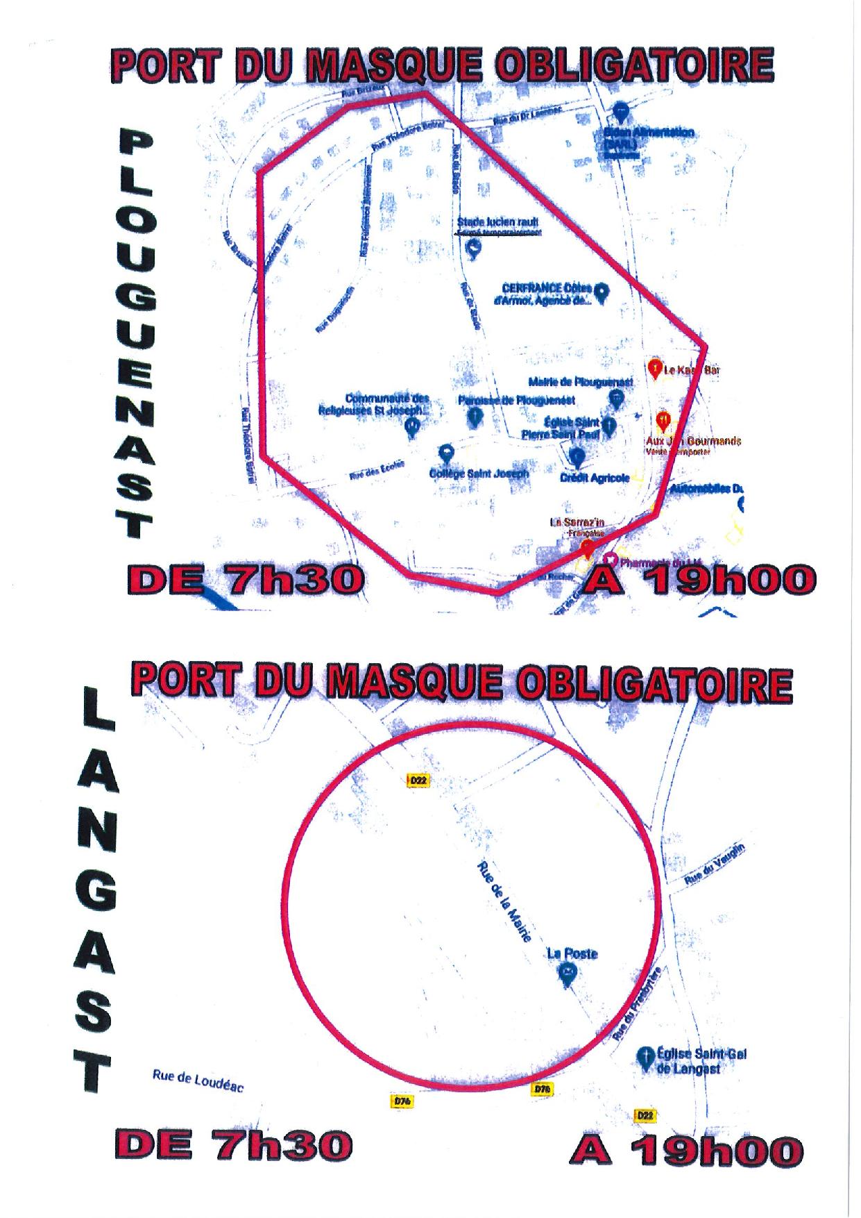 Plan du centre Plouguenast-Langast / Port du masque obligatoire